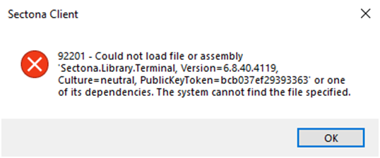 92201 - Could not load file or assembly ‘Sectona.Library.Terminal’